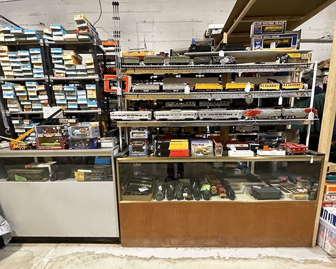 Model train heaven! Every shelf holds miniature worlds where childhood dreams and adult collections merge into perfect nostalgia.
