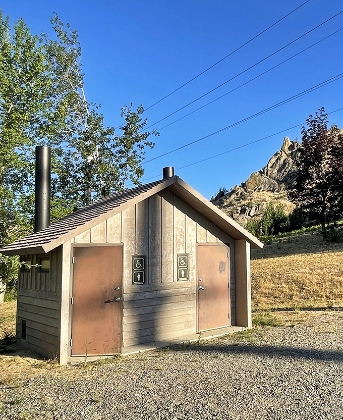 Even in wilderness, civilization provides. This rustic restroom might not win architectural awards, but it's a welcome sight after a morning of hiking. 