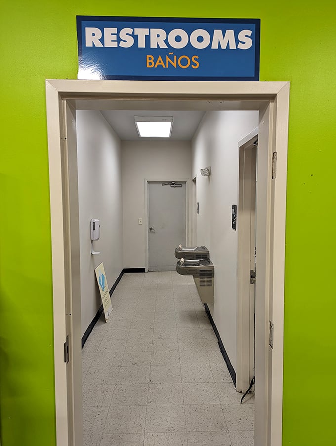 Even the restrooms sport Goodwill's signature bright green walls. Shopping for hours requires proper facilities&mdash;they've thought of everything!