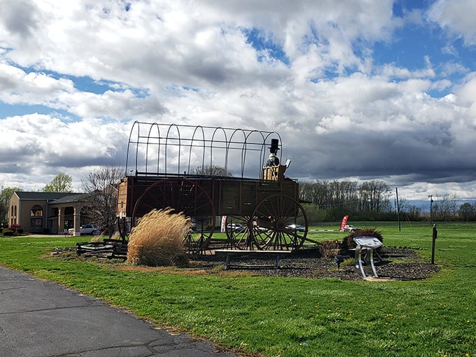 Winter reveals the wagon's skeletal frame. Like seeing the Eiffel Tower in fog, there's something hauntingly beautiful about this off-season view of an American icon.