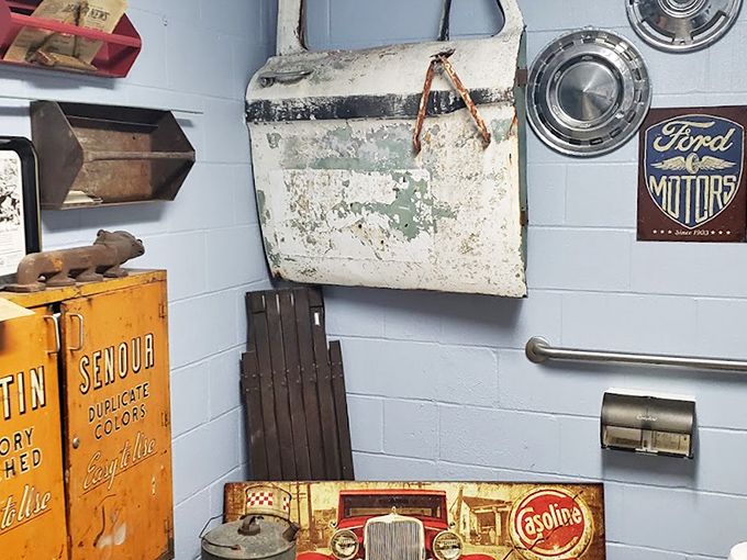Car parts, vintage signs, and memories of road trips past. This booth speaks to anyone who's ever loved the rumble of an American-made engine. 