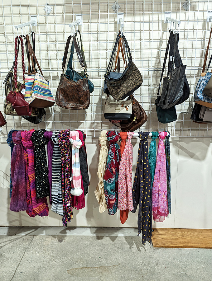 The accessory goldmine where vintage scarves and handbags wait patiently for their second act. Fashion cycles back every 20 years – these beauties are right on schedule.