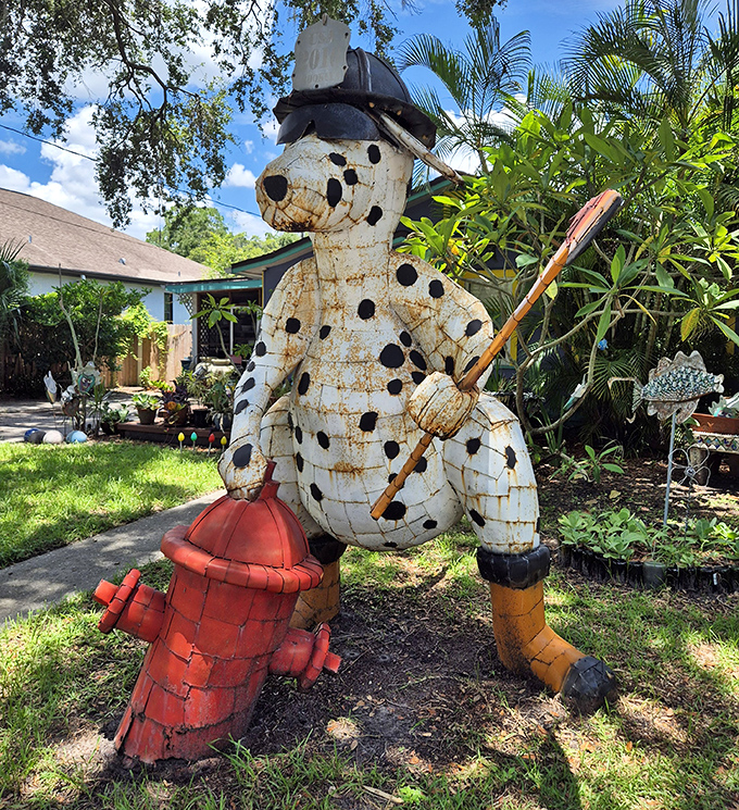 This dalmatian firefighter stands guard with more personality than most humans I know. Even emergency services get the whimsical treatment here.