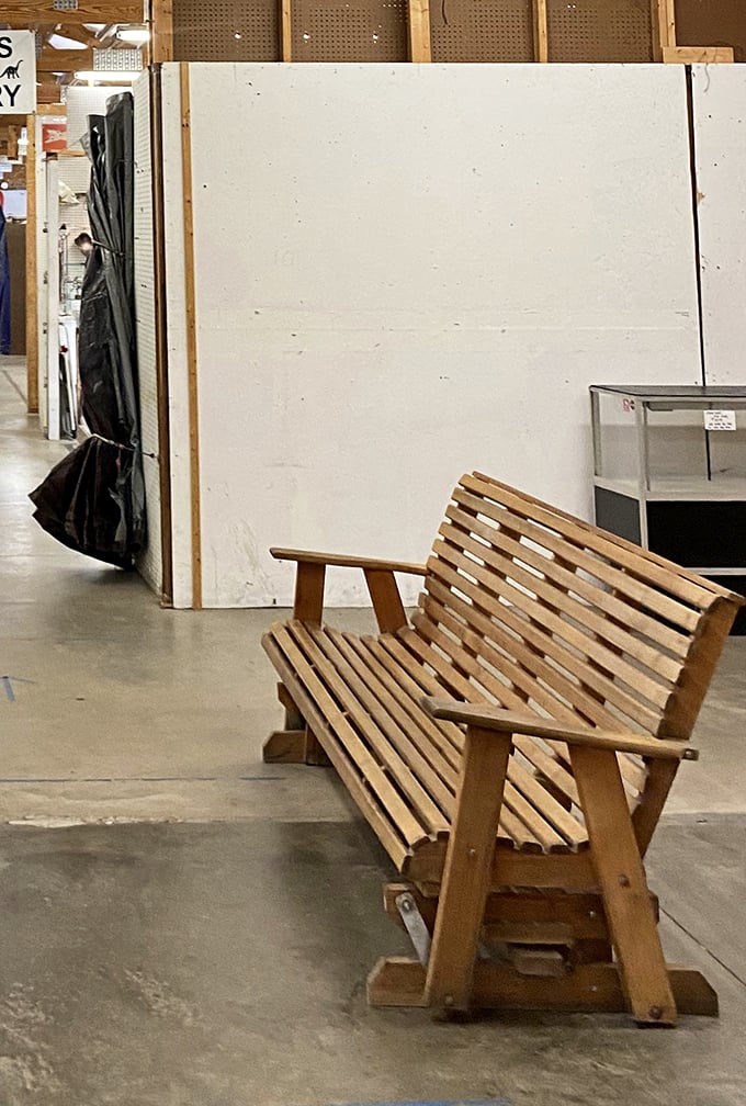 Handcrafted wooden benches that whisper "sit a spell" &ndash; perfect for resting between treasure hunts or contemplating your next bargain conquest.