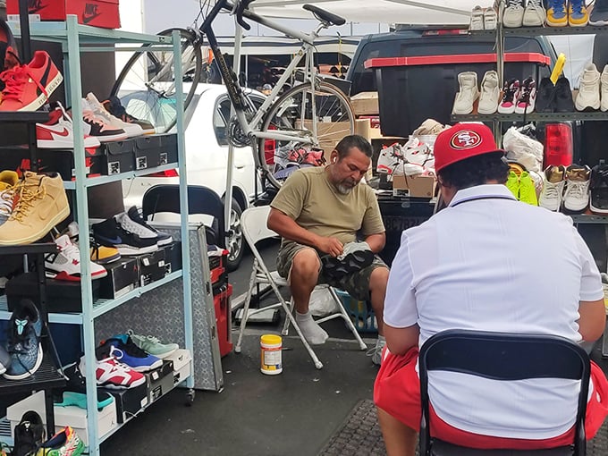 The swap meet's shoe spa, where weathered kicks get rejuvenated like me after my third cup of morning coffee.