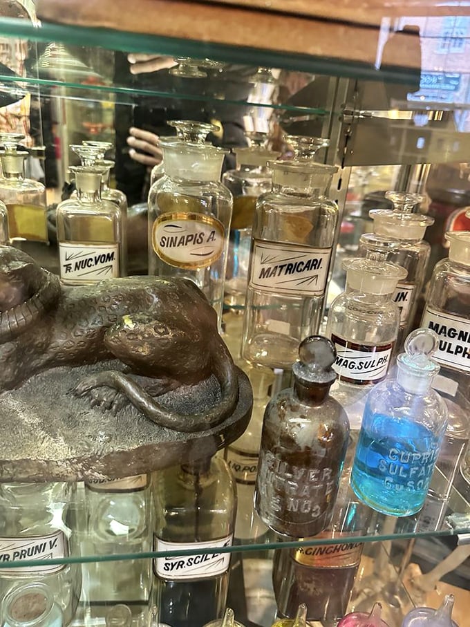 Mysterious potions and elixirs from when medicine cabinets looked like something from Hogwarts. That blue bottle? Probably not recommended by today's FDA.