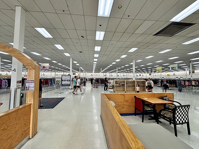 The vast shopping floor could host a marathon if marathons involved hunting down vintage lamps instead of pointless running around.