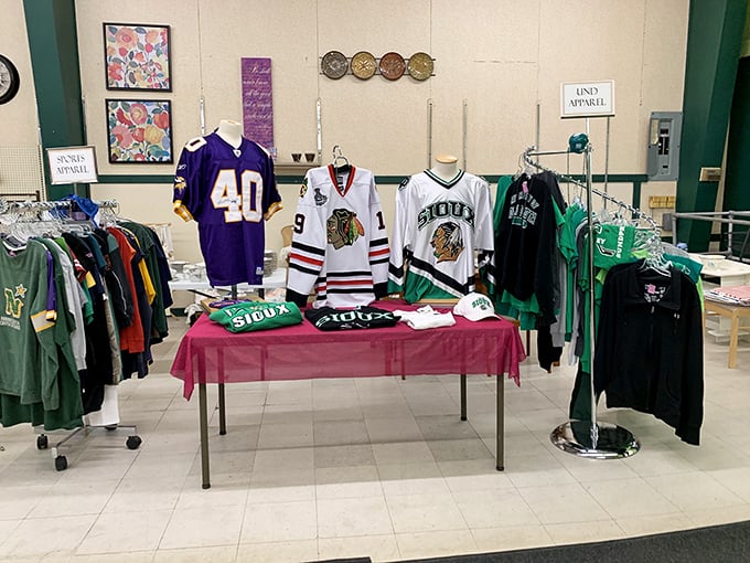 Sports memorabilia heaven&mdash;where yesterday's team loyalty becomes today's fashion statement. That Vikings jersey has seen better Sundays!