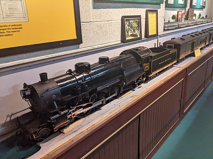 The model steam locomotive gleams under museum lights, a perfect miniature that ignites the imagination of train enthusiasts young and old.