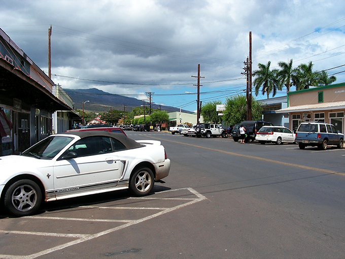 Downtown Kaunakakai on a typical afternoon. The pace is so relaxed, even the cars seem to be on vacation.