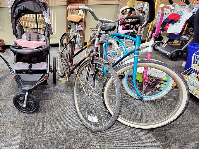 Vintage cruisers and baby strollers share floor space&mdash;transportation options for everyone from toddlers to retro-cycling enthusiasts.