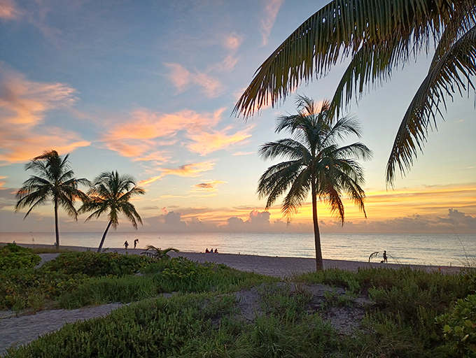 Mother Nature's nightly masterpiece unfolds as palm silhouettes frame a sunset that turns the Atlantic horizon into liquid gold.