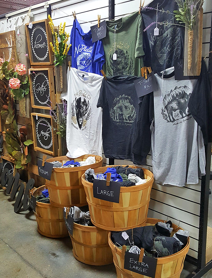 Wyoming pride hangs from wooden clothespins, with shirts that let you wear your mountain state heart on your sleeve.