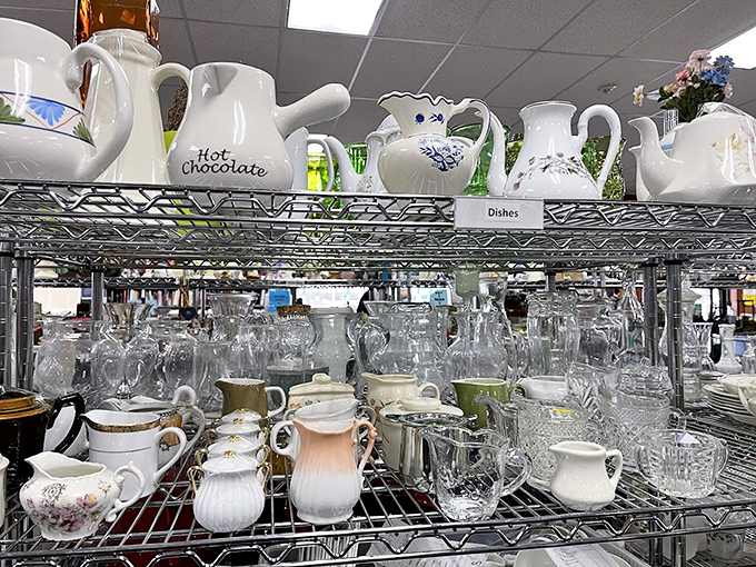 Teapots and pitchers stand at attention like porcelain soldiers, each one ready to serve at your next gathering or brighten a lonely kitchen shelf.