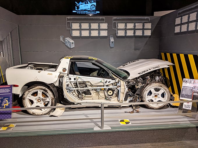 The aftermath of the infamous sinkhole that swallowed eight rare Corvettes in 2014. Even wounded, there's something hauntingly beautiful about this battle-scarred survivor.