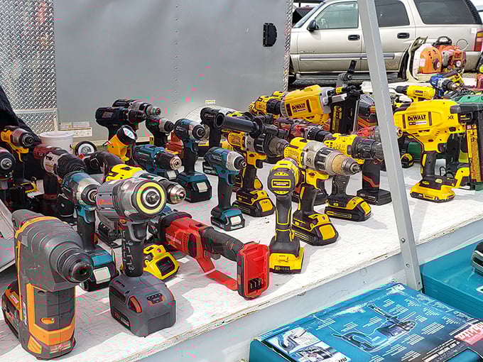 Tool paradise for DIY enthusiasts! This collection of power drills would make Tim Allen grunt with approval and your neighbor green with envy.