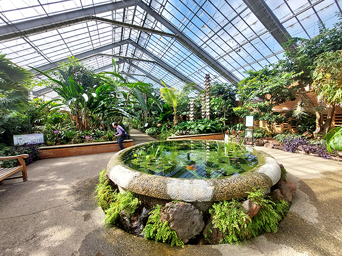 This tranquil water feature in the tropical house creates an instant zen moment&mdash;the botanical equivalent of a deep breath and a shoulder massage.