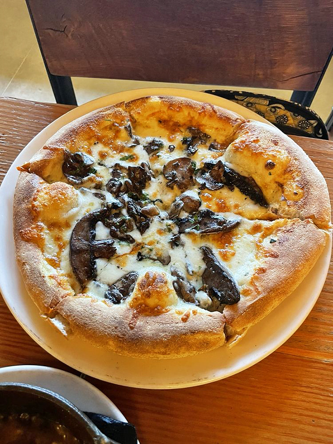 The wild mushroom pizza arrives like a woodland dream on a plate&mdash;earthy, aromatic, and sporting a crust that deserves its own fan club.