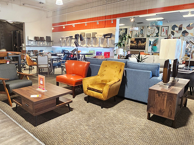 The living room lineup: where mustard-yellow meets tangerine-dream in a furniture arrangement worthy of a Wes Anderson film set.