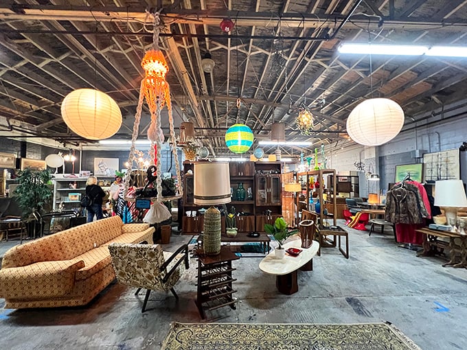 Suspended golden orbs and Lady Liberty herself stand guard over treasures that span decades of American design and craftsmanship.