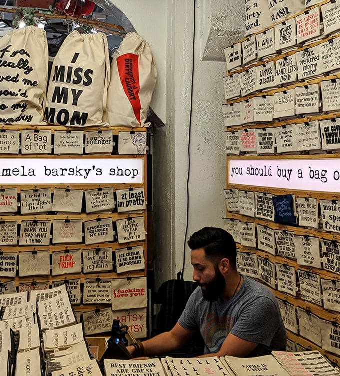 Handcrafted messages on display at Pamela Barsky's shop &ndash; where sassy canvas bags speak the inner thoughts you've always wanted to say out loud.