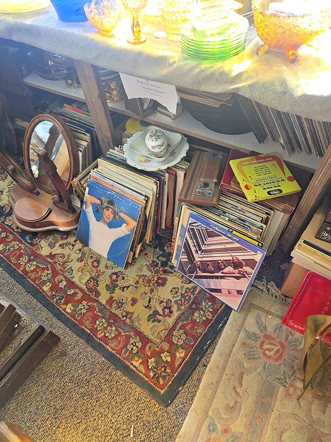 Vinyl records rest in milk crates, their album covers alone worth the visit – art from when musicians looked mysterious.