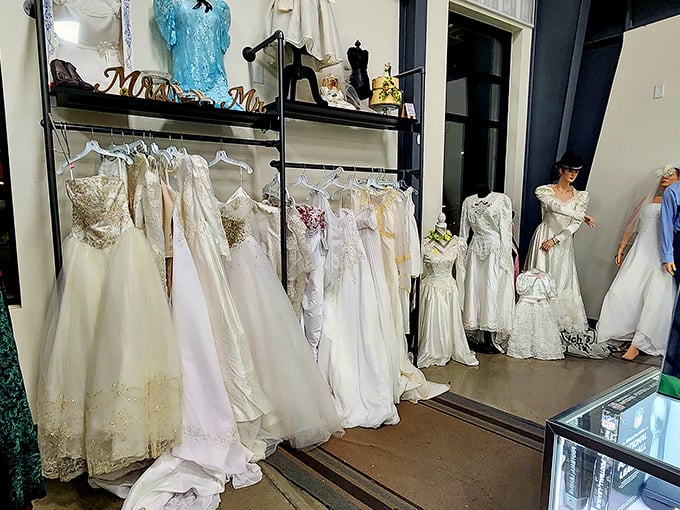 Wedding dress heaven! These once-worn gowns wait patiently for their next big day, proving "something borrowed" can also be something beautiful.