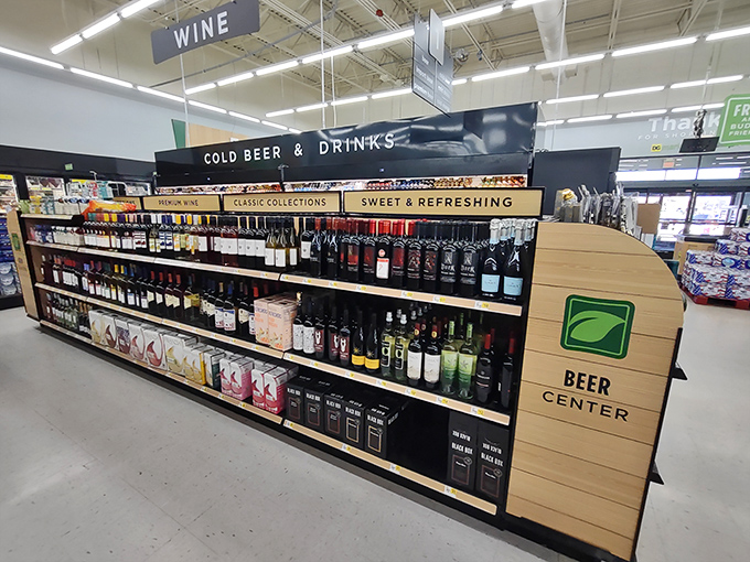 Wine o'clock is anytime at the surprisingly sophisticated beer and wine section, where budget-friendly bottles promise weekend relaxation without the premium price tag.