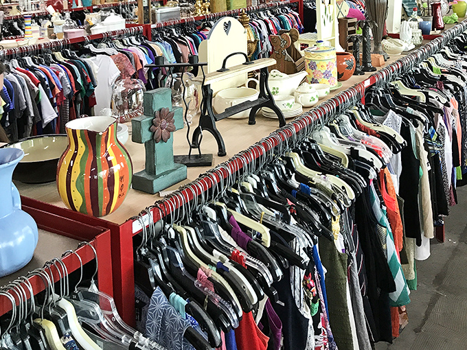 Racks of women's clothing stretching farther than a mall corridor, but with infinitely more character and stories.