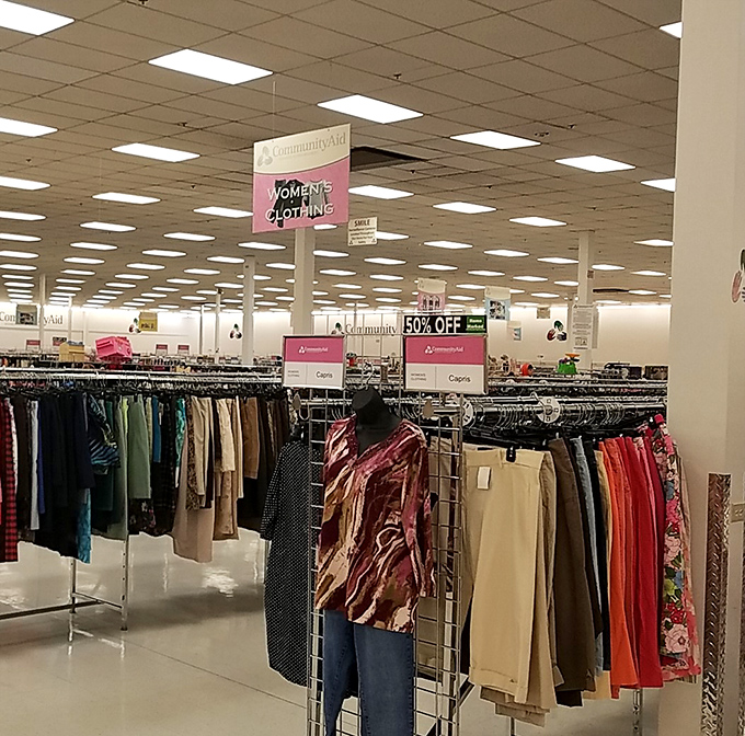 Women's clothing section rivals department stores in selection. From casual tees to wedding-worthy dresses, all waiting for their second act.