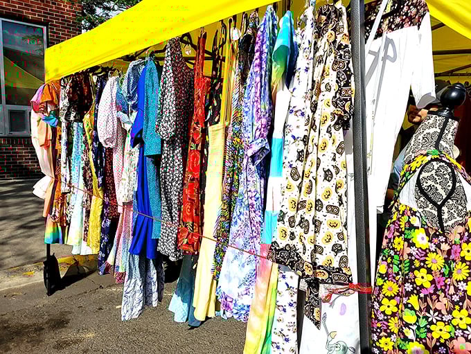 A rainbow of vintage dresses sways in the breeze, each one holding the promise of becoming someone's "where did you get that?" conversation starter.
