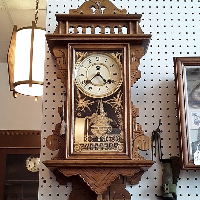 This ornate wooden wall clock doesn't just tell time&mdash;it tells stories, with intricate carvings that whisper of parlors and patience from an era before smartphones.