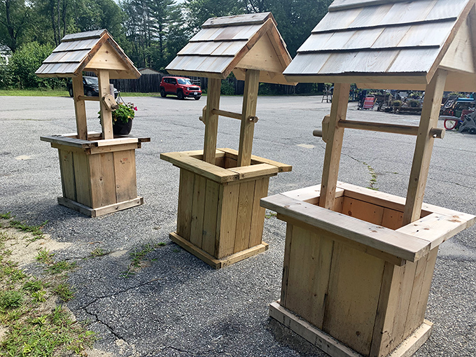 Wishing wells crafted from weathered New England wood. Drop in a penny, make a wish, or just admire the craftsmanship of these charming garden additions.
