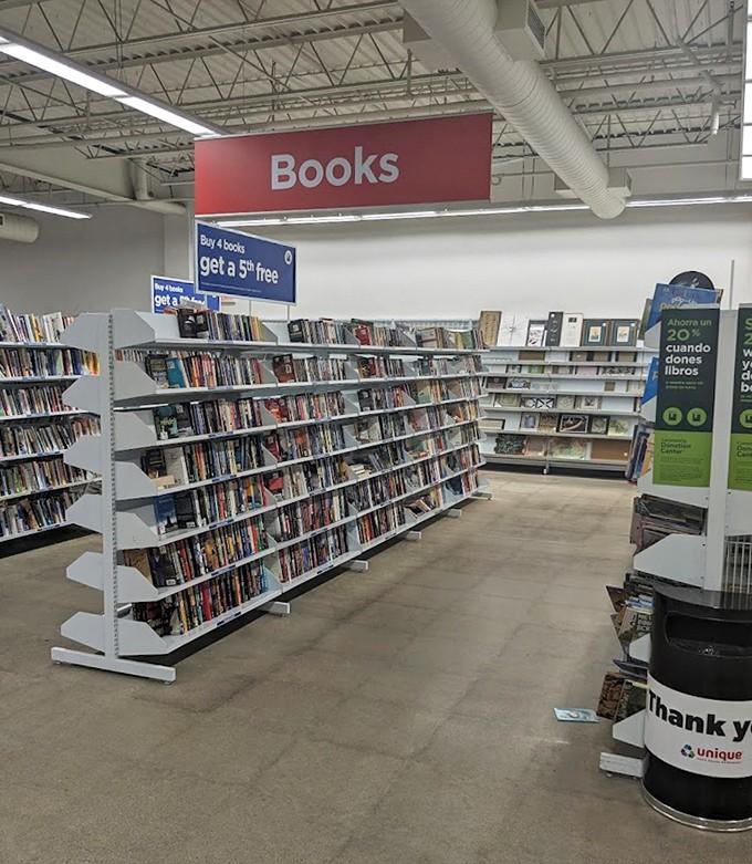 Books stacked spine-to-spine offer infinite worlds to explore, from romance novels to cookbooks you'll swear you'll actually use.