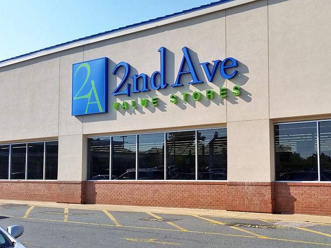 2nd Ave Value Stores' sleek blue signage promises a department store experience with thrift store prices.