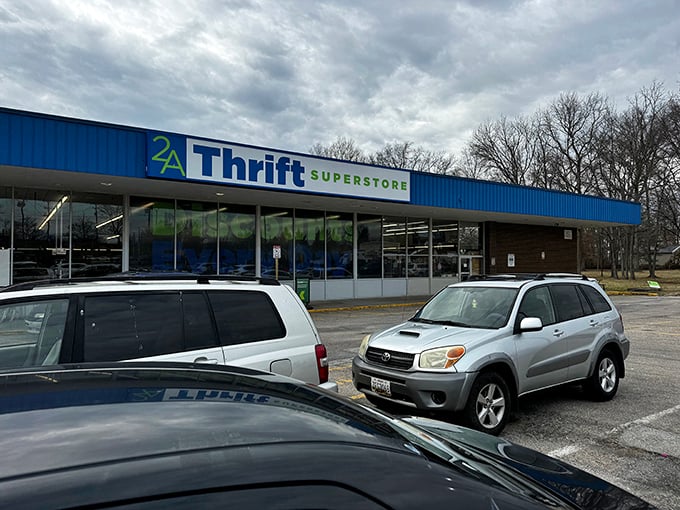 2nd Ave Baltimore's blue trim stands out against winter trees&mdash;a colorful promise of warm bargains inside.