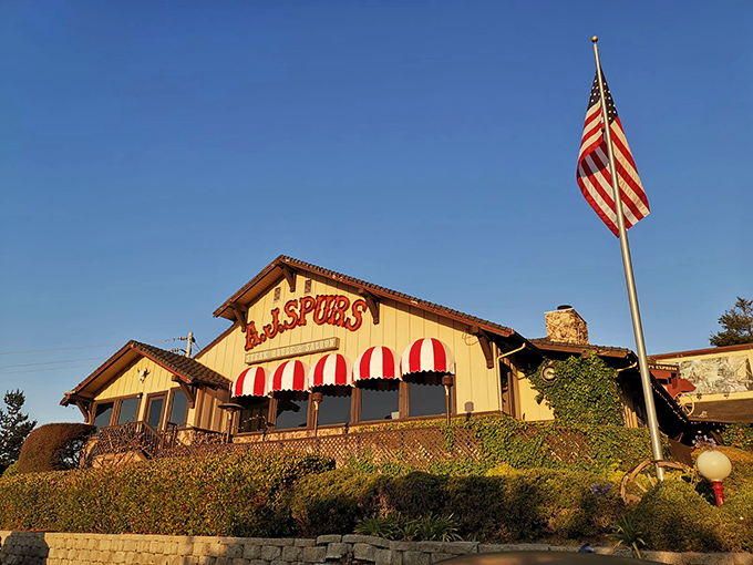 AJ Spurs' Western charm and American flag create a postcard-perfect California steakhouse scene.