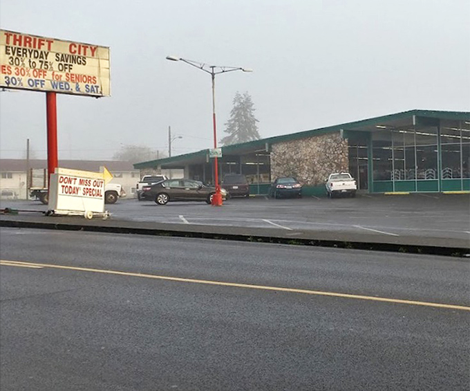 Aberdeen's Thrift City appears through the fog like a mirage of savings. That sign promising everyday discounts isn't kidding around.