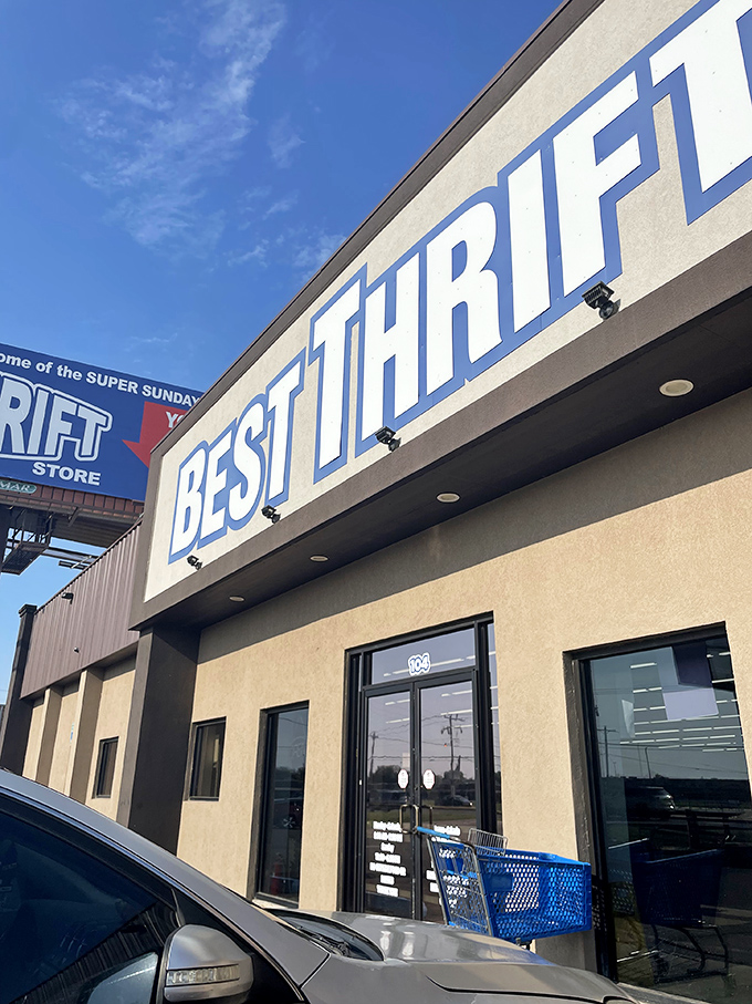 Best Thrift's crisp blue-outlined signage against that perfect Oklahoma sky is like finding designer jeans with the tags still on.