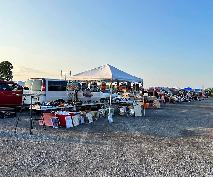 Blue tents stretch across the horizon, creating a treasure hunter's paradise under the open West Virginia sky.