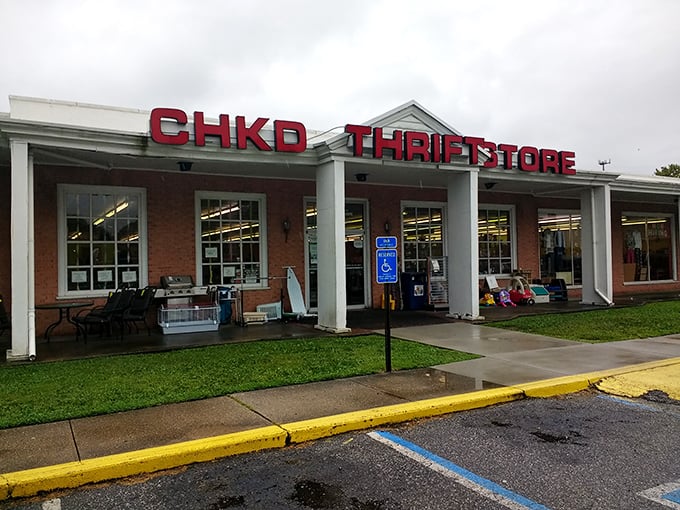 Rainy day retail therapy! CHKD Thrift Store's brick-and-white charm showcases outdoor treasures that couldn't wait to meet their new owners.
