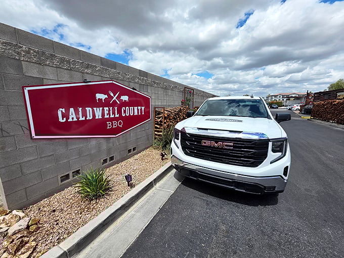 Caldwell County's modern stone wall and sign bring a touch of Texas class to Gilbert's BBQ scene.