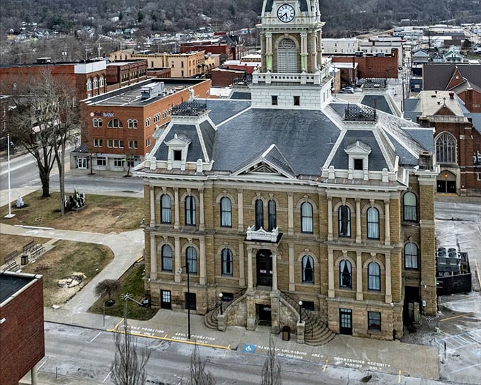 The magnificent Guernsey County Courthouse dominates Cambridge's skyline, its stone facade telling stories of justice served since 1881.