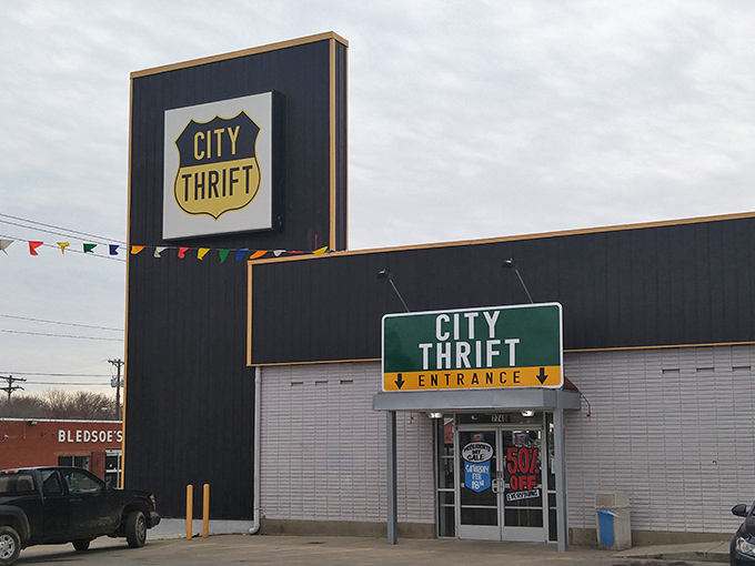 City Thrift's bold shield logo promises protection from high retail prices. A fortress of frugality in Kansas City's Waldo neighborhood!