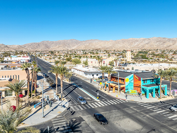 Colorful buildings brighten Desert Hot Springs' downtown, where retirement dollars stretch further beneath the same California sunshine.