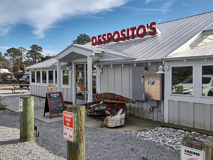 Desposito's white building with metal crab guardian says everything you need to know: unpretentious outside, seafood magic inside.