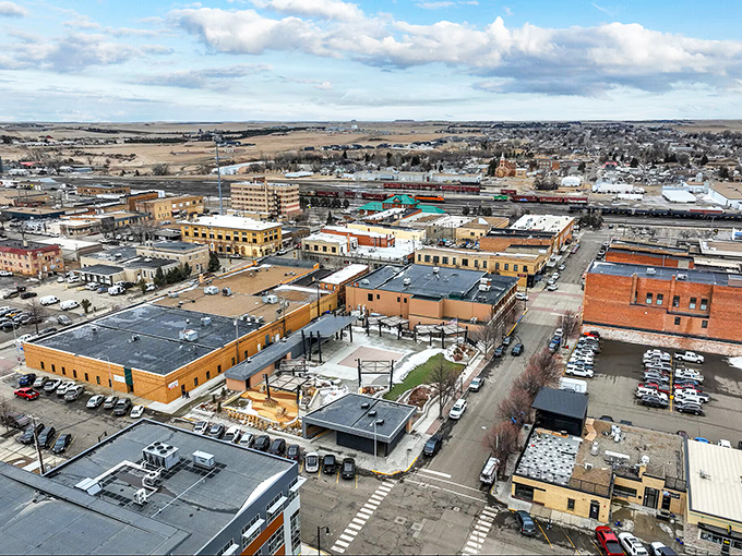 From above, Dickinson spreads across the prairie like a patchwork quilt of history, commerce, and community.
