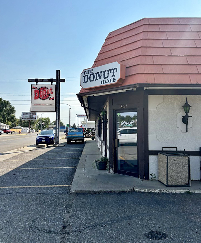 The Donut Hole's distinctive pink-roofed building is like a beacon of sweetness on the Dickinson horizon.