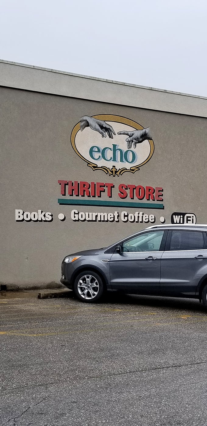 The artistic logo tells you this place values creativity&mdash;and the coffee sign promises caffeinated shopping energy.