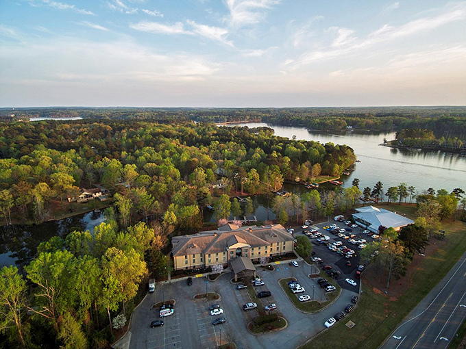 This aerial view of Eatonton's lake country is like nature's retirement brochure&mdash;where waterfront living doesn't require waterfront prices.